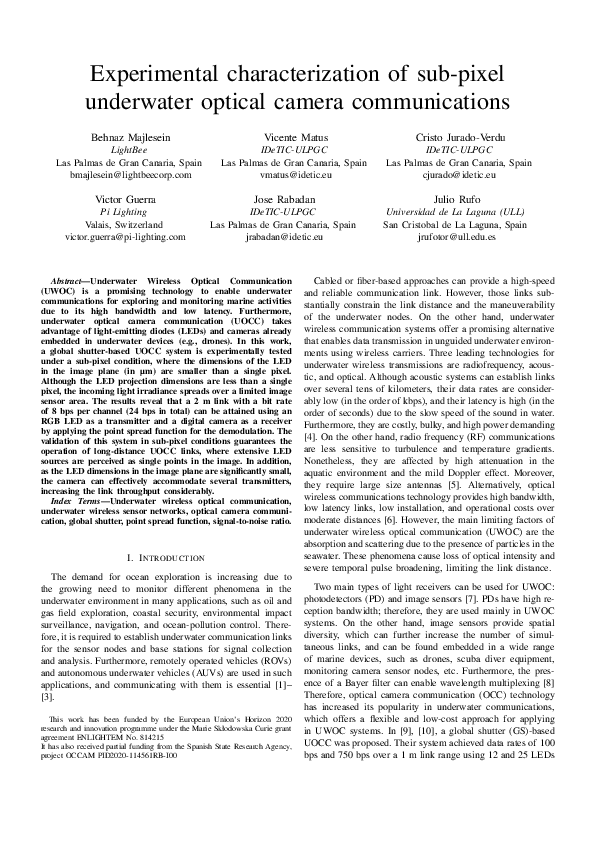 (PDF) Experimental Characterization of Sub-Pixel Underwater Optical Camera Communications ...