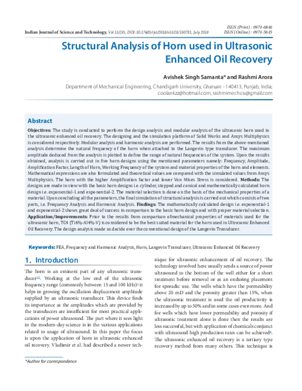 Pdf Structural Analysis Of Horn Used In Ultrasonic Enhanced Oil Recovery