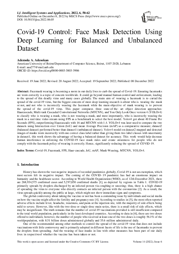 (PDF) Covid-19 Control: Face Mask Detection Using Deep Learning for Balanced and Unbalanced Dataset