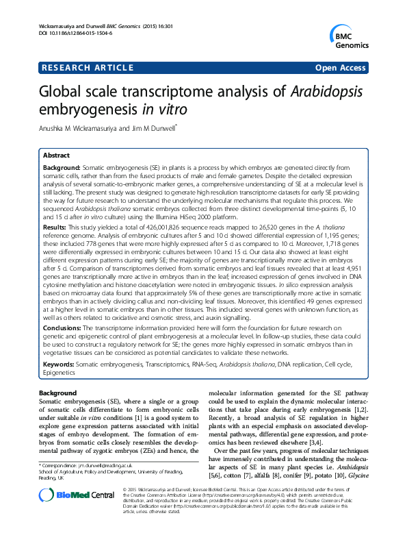 (PDF) Global scale transcriptome analysis of Arabidopsis embryogenesis ...