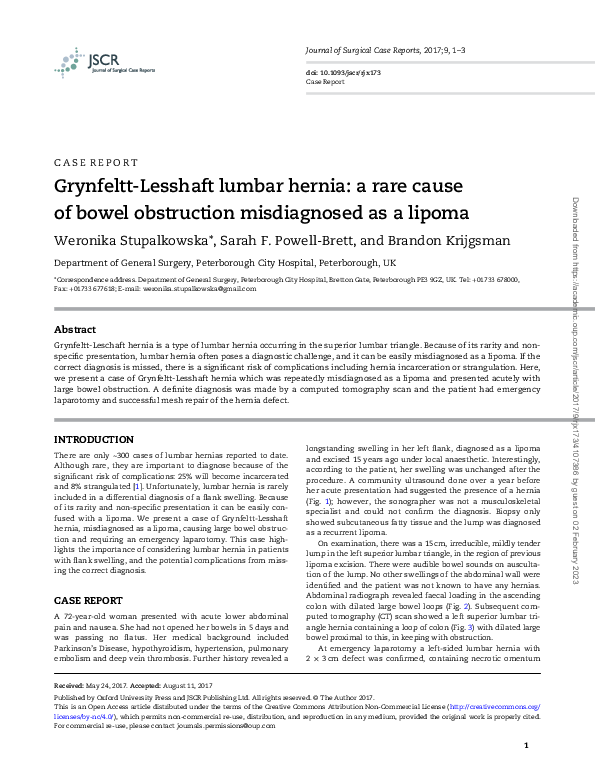 (PDF) Grynfeltt-Lesshaft lumbar hernia: a rare cause of bowel ...