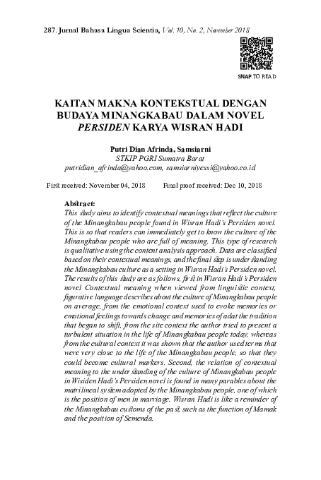 (PDF) Kaitan Makna Kontekstual Dengan Budaya Minangkabau Dalam Novel Persiden Karya Wisran Hadi