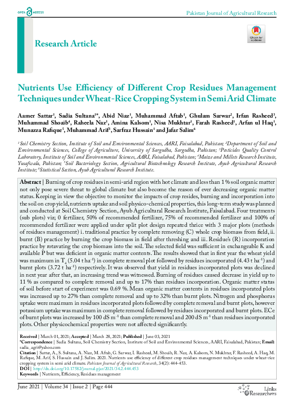 (PDF) Nutrients Use Efficiency of Different Crop Residues Management Techniques under Wheat-Rice ...