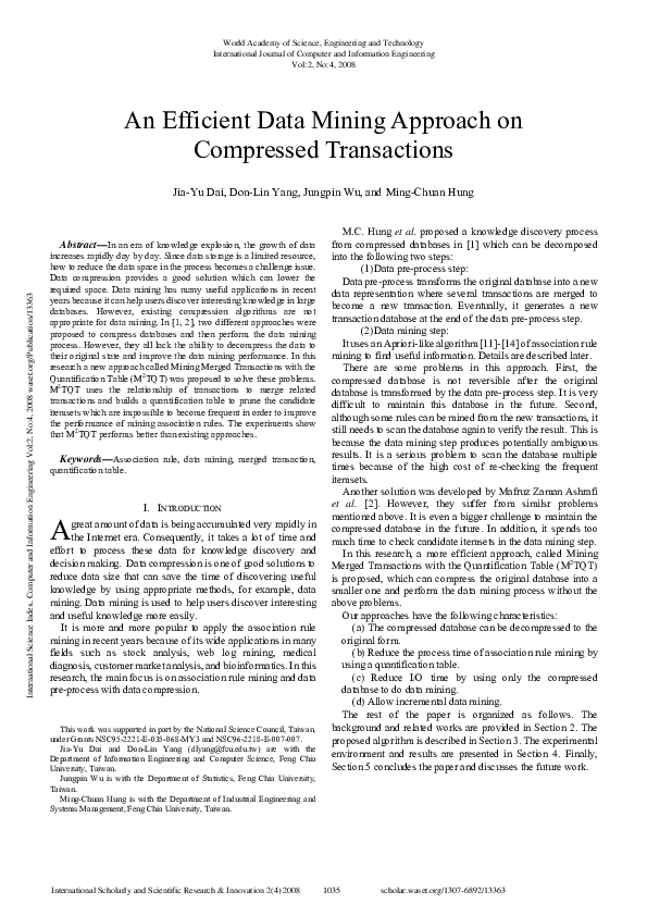 (PDF) An Efficient Data Mining Approach On Compressed Transactions