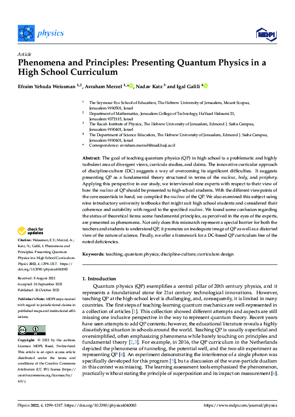 (PDF) Phenomena and Principles: Presenting Quantum Physics in a High School Curriculum