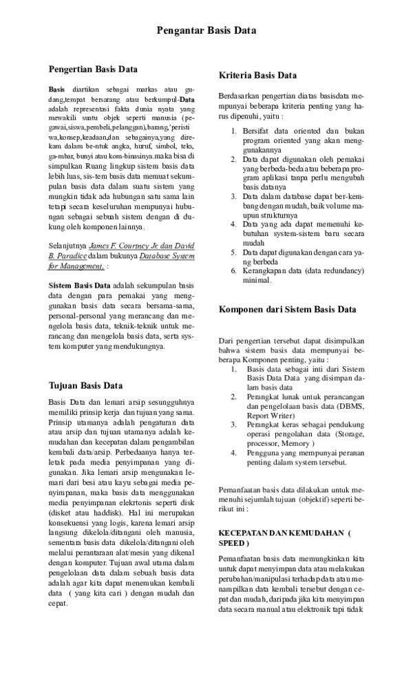 (PDF) Pengantar Basis Data Pengertian Basis Data