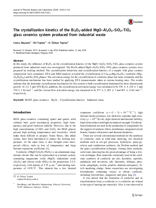 (PDF) The crystallization kinetics of the Bi2O3-added MgO–Al2O3–SiO2–TiO2 glass ceramics system ...