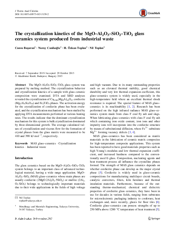 (PDF) The crystallization kinetics of the MgO–Al2O3–SiO2–TiO2 glass ceramics system produced ...
