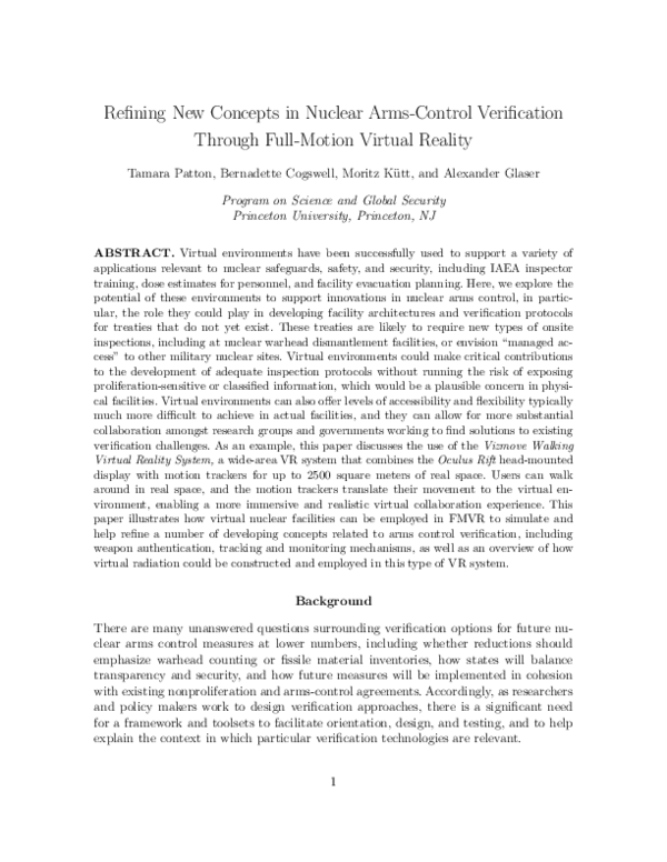 (PDF) Refining New Concepts in Nuclear Arms-Control Verification Through Full-Motion Virtual Reality