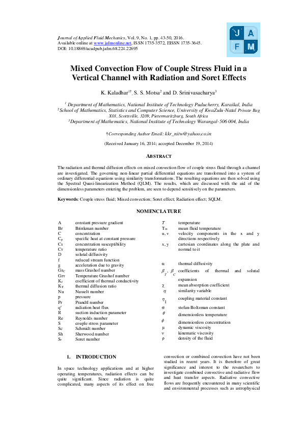 Pdf Mixed Convection Flow Of Couple Stress Fluid In A Vertical