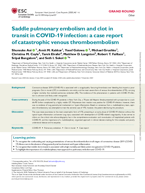 (PDF) Saddle pulmonary embolism and clot in transit in COVID-19 ...