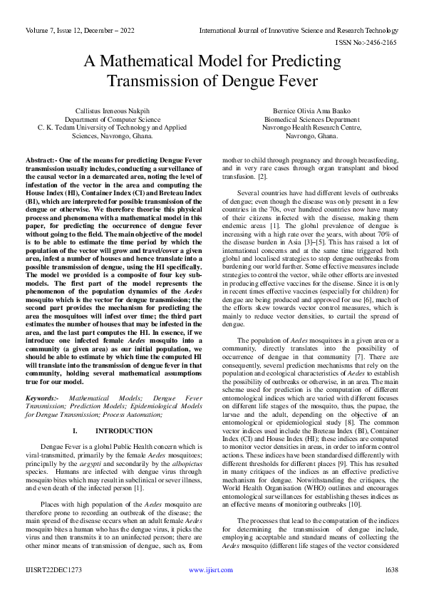 Pdf A Mathematical Model For Predicting Transmission Of Dengue Fever