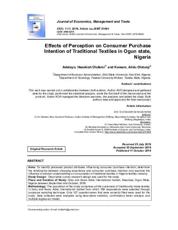 (PDF) Effects of Perception on Consumer Purchase Intention of Traditional Textiles in Ogun state ...