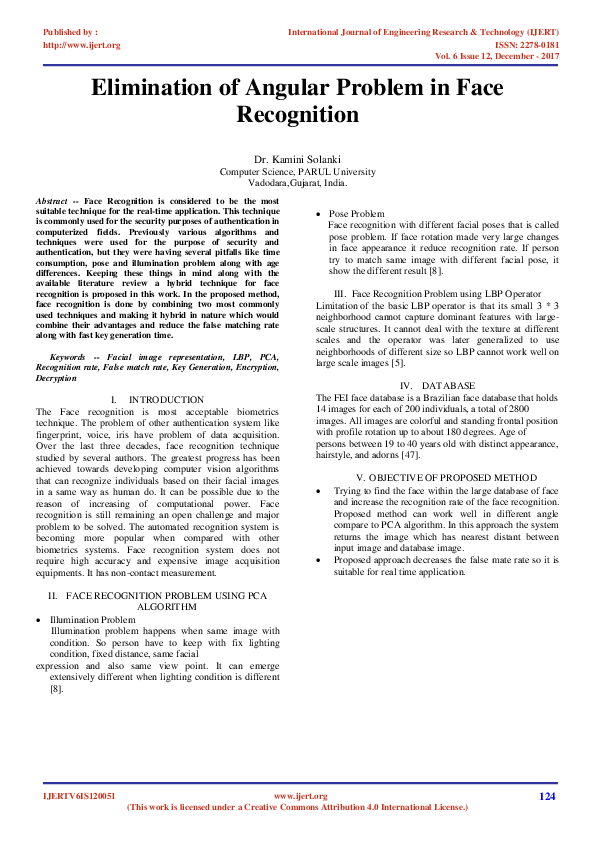 (PDF) Elimination of Angular Problem in Face Recognition