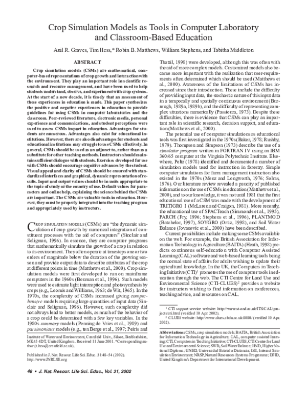 (PDF) Crop Simulation Models as Tools in Computer Laboratory and ...
