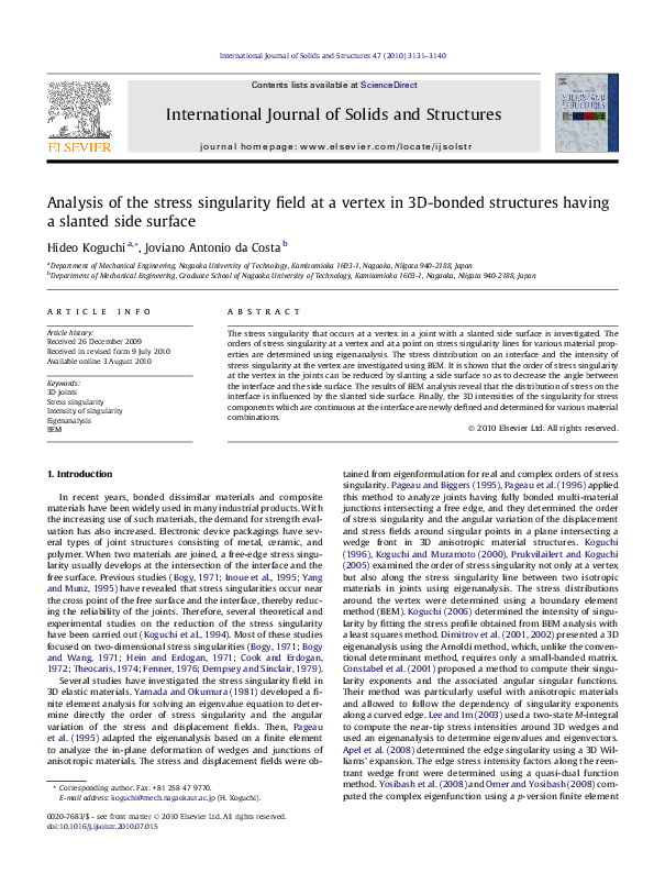 (PDF) Analysis of the stress singularity field at a vertex in 3D-bonded ...