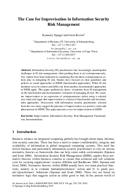 (PDF) The Case for Improvisation in Information Security Risk Management