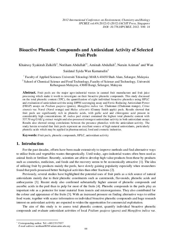 (PDF) Bioactive Phenolic Compounds and Antioxidant Activity of Selected Fruit Peels