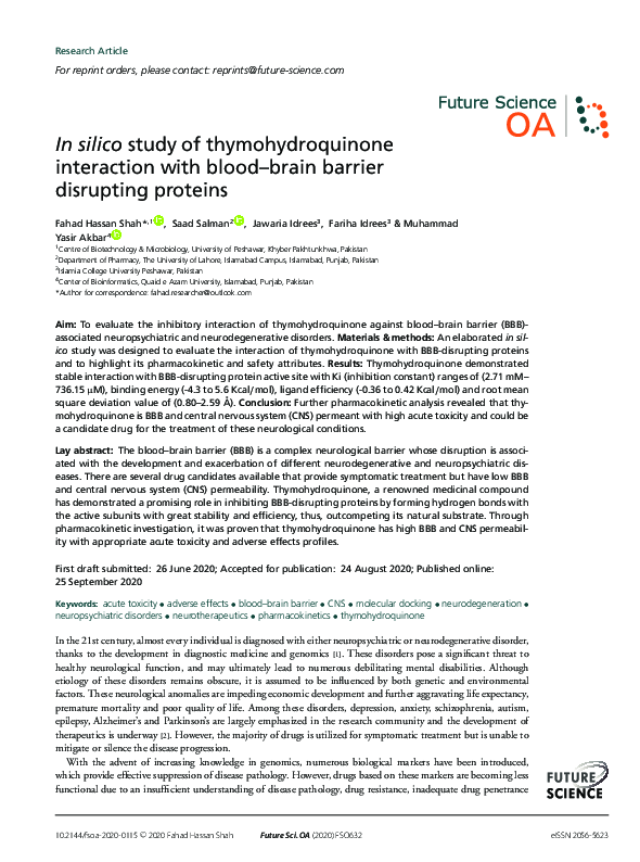 (PDF) In silico study of thymohydroquinone interaction with blood–brain ...