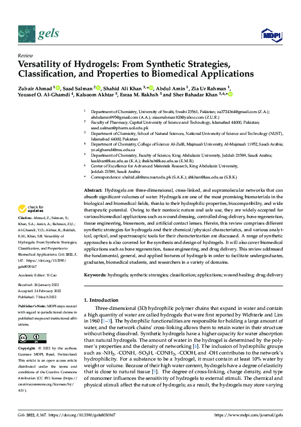 (PDF) Versatility of Hydrogels: From Synthetic Strategies, Classification, and Properties to ...