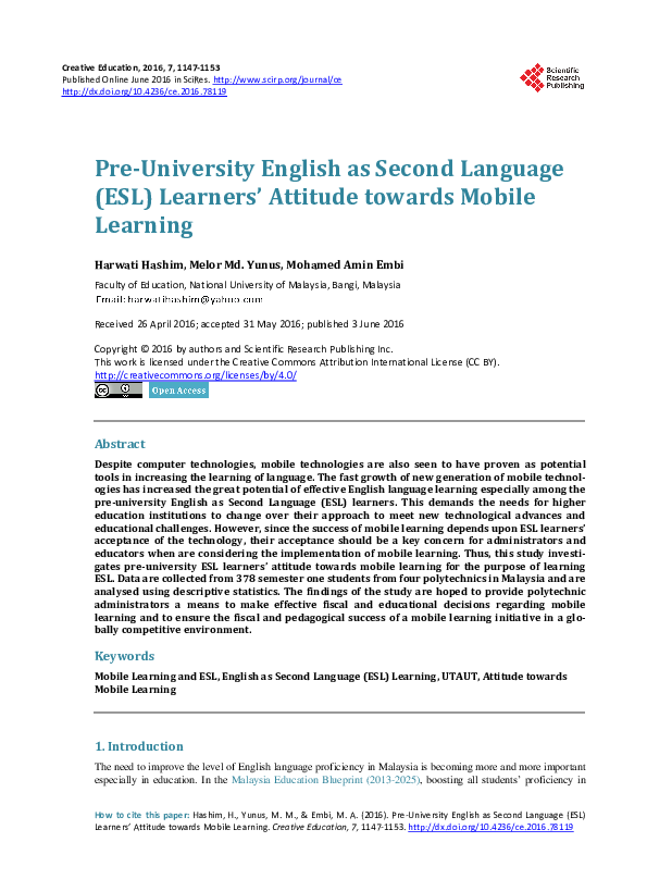 (PDF) Pre-University English as Second Language (ESL) Learners ...