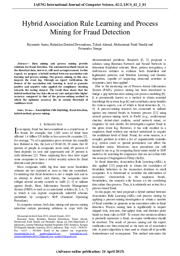 (PDF) Hybrid association rule learning and process mining for fraud detection