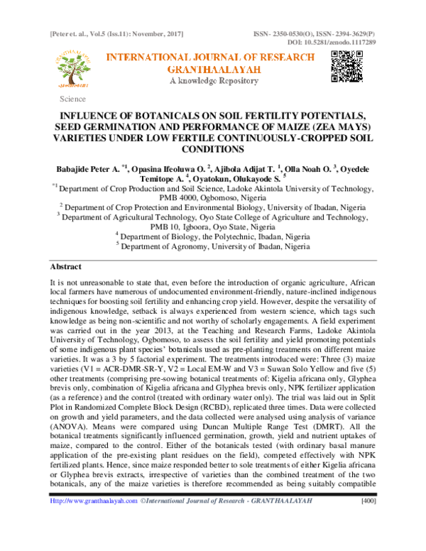 (PDF) INFLUENCE OF BOTANICALS ON SOIL FERTILITY POTENTIALS, SEED GERMINATION AND PERFORMANCE OF ...