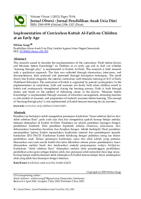 (PDF) Implementation of Curriculum Kuttab Al-Fatih on Children at an ...