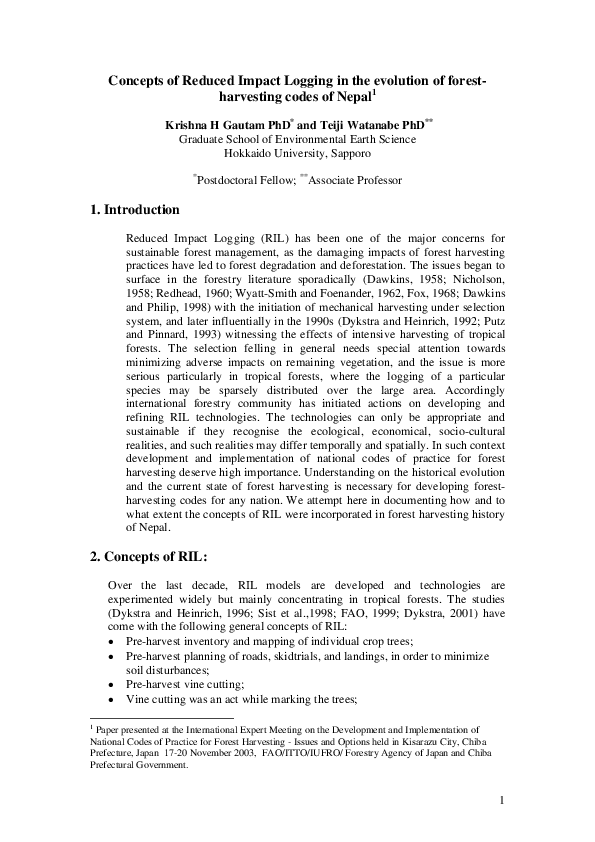 Pdf Concepts Of Reduced Impact Logging In The Evolution Of Forest Harvesting Codes Of Nepal1