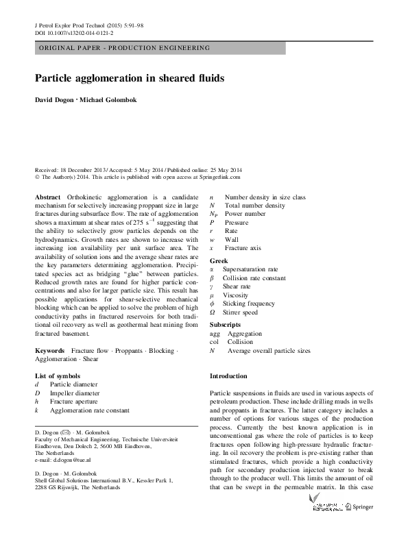 (PDF) Particle agglomeration in sheared fluids