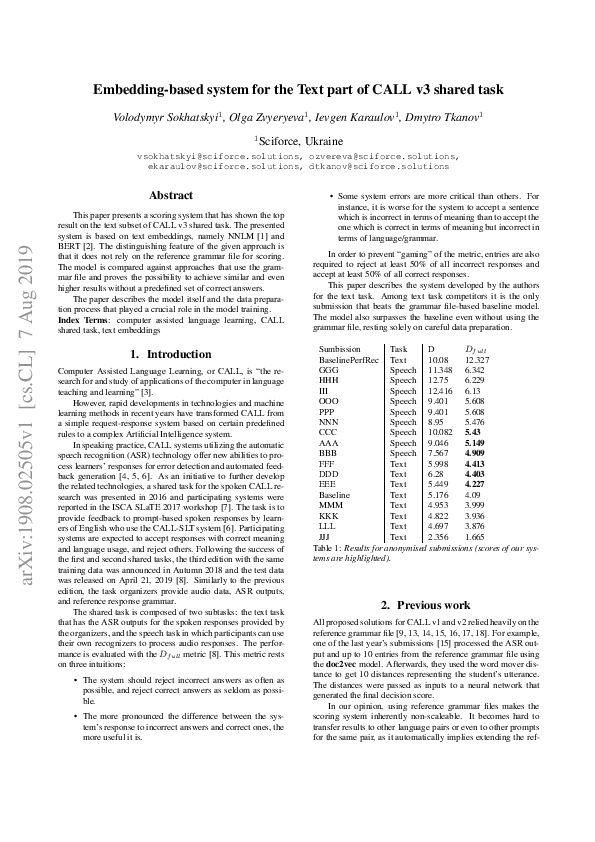 (PDF) Embedding-based system for the Text part of CALL v3 shared task