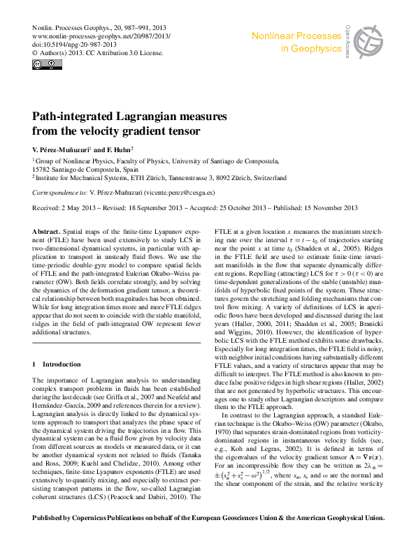(PDF) Path-integrated Lagrangian measures from the velocity gradient tensor | Vicente Perez ...