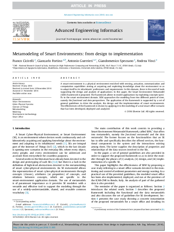 (PDF) Metamodeling of Smart Environments: from design to implementation