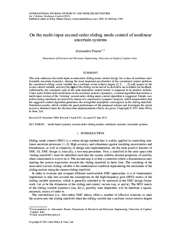 Pdf On The Multi Input Second Order Sliding Mode Control Of Nonlinear Uncertain Systems