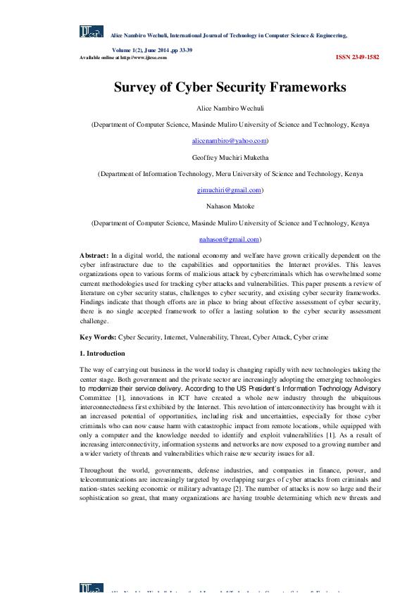 (PDF) Survey of Cyber Security Frameworks
