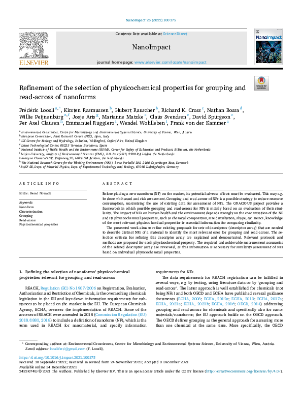 (PDF) Refinement of the selection of physicochemical properties for grouping and read-across of ...