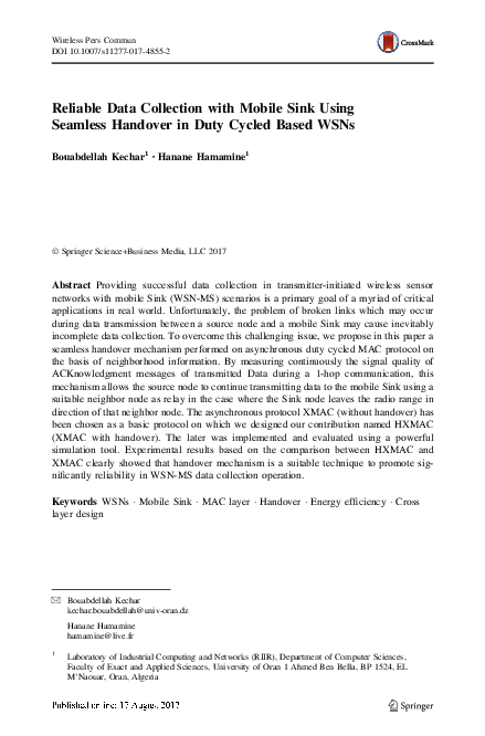 (PDF) Mobile Sink Data Collection with Seamless Handover in WSNs