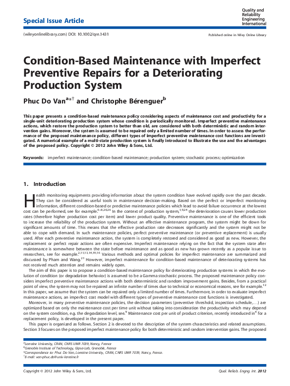(PDF) Condition-Based Maintenance with Imperfect Preventive Repairs for ...