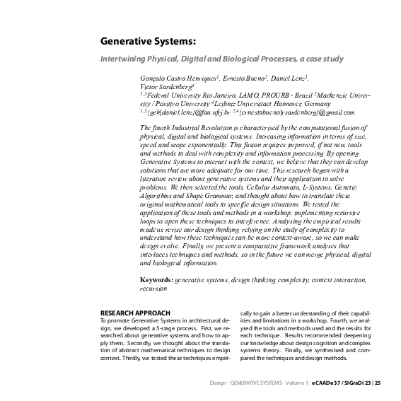 (PDF) Generative Systems: Intertwining Physical, Digital and Biological Processes, a case study