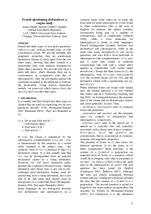 (PDF) French questioning declaratives : a corpus study