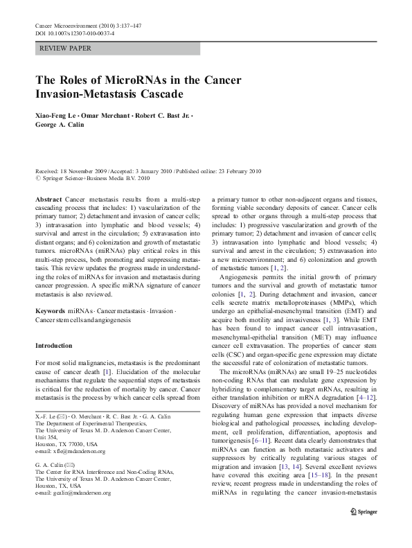 (PDF) The Roles of MicroRNAs in the Cancer Invasion-Metastasis Cascade
