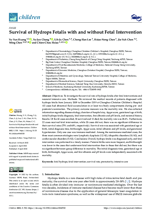 (PDF) Survival of Hydrops Fetalis with and without Fetal Intervention