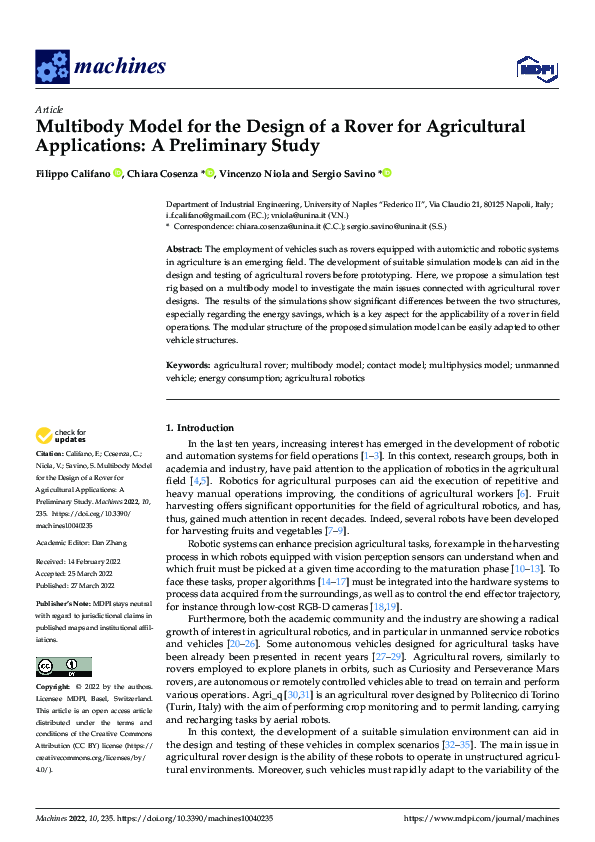 (PDF) Multibody Model for the Design of a Rover for Agricultural ...