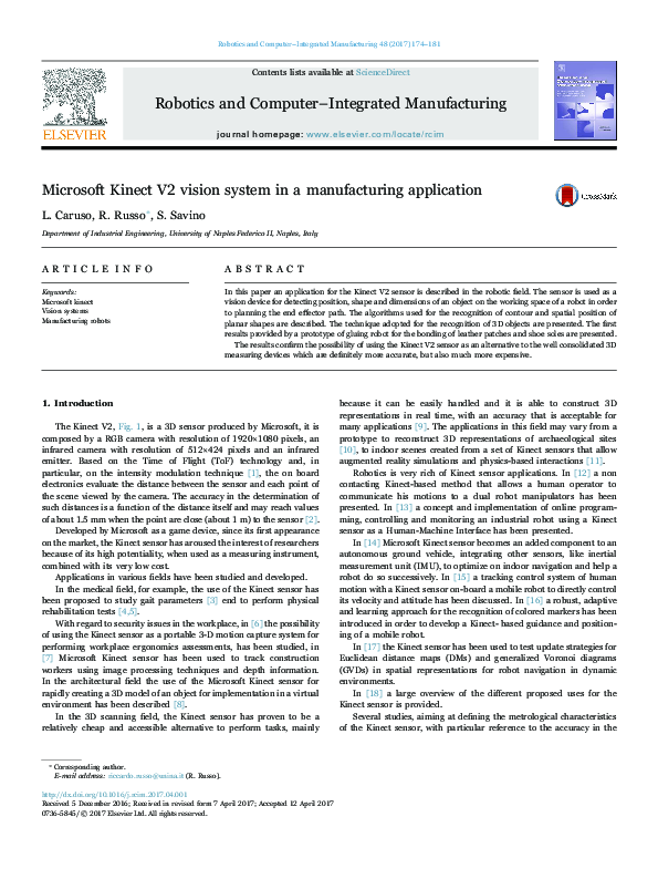 (PDF) Microsoft Kinect V2 vision system in a manufacturing application