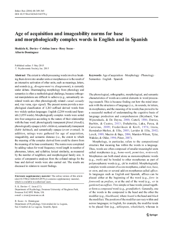 (PDF) Age of acquisition and imageability norms for base and ...
