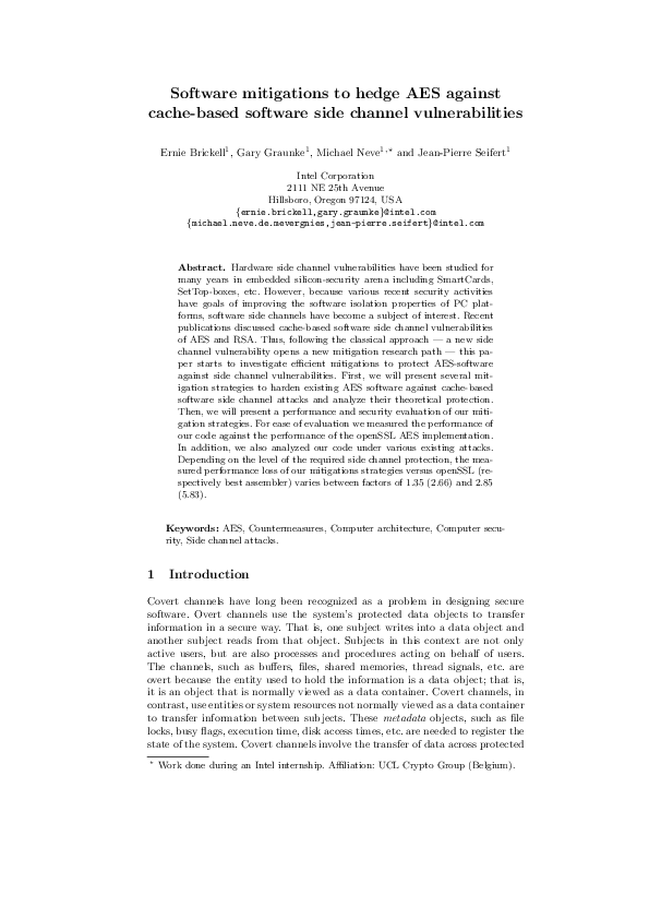 (PDF) Software mitigations to hedge AES against cache-based software side channel vulnerabilities
