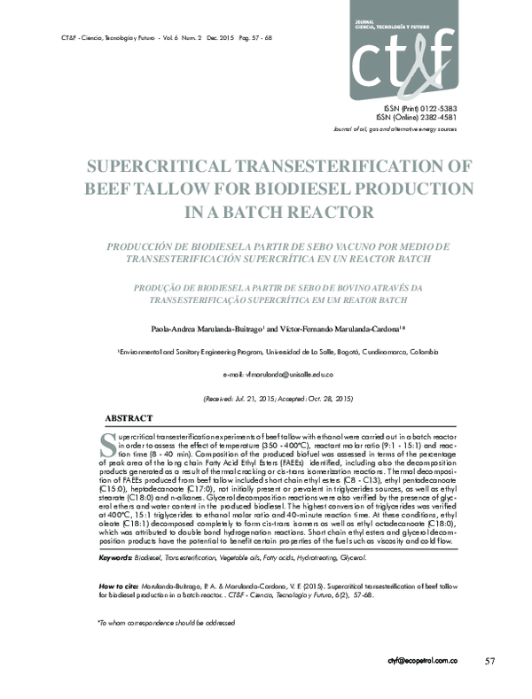 (PDF) Supercritical transesterification of beef tallow for biodiesel ...