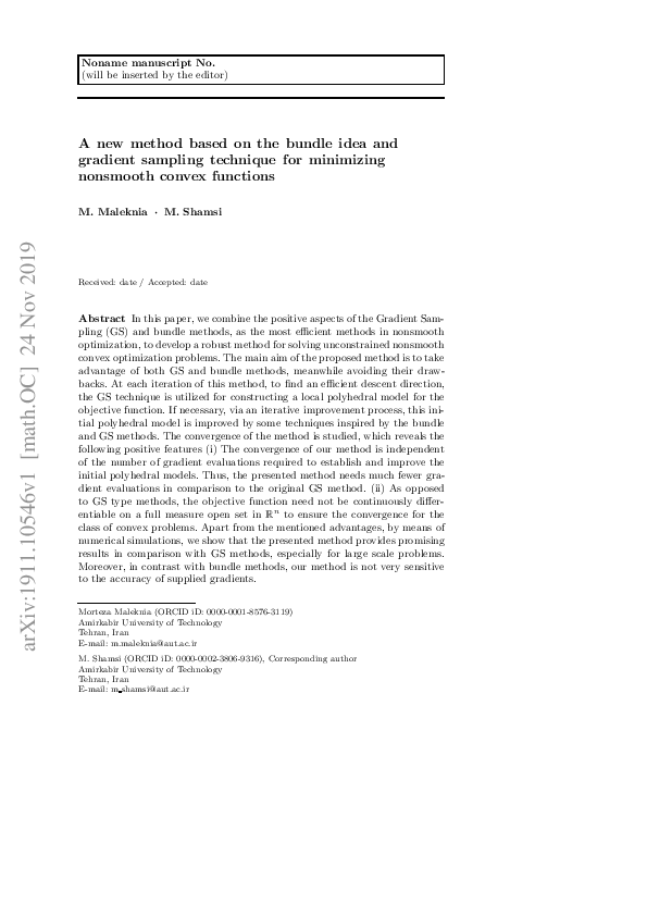 (PDF) A new method based on the bundle idea and gradient sampling technique for minimizing ...