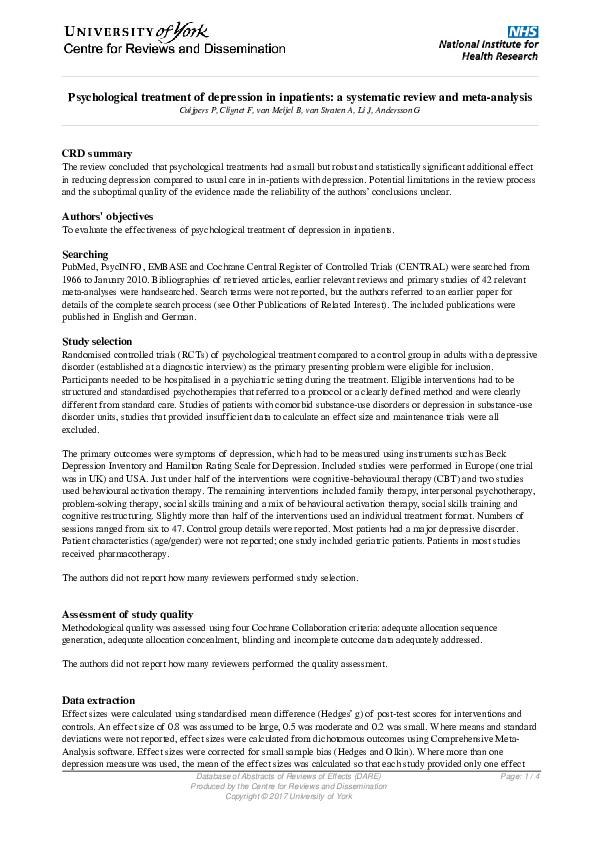 (PDF) Psychological treatment of depression in inpatients: A systematic ...