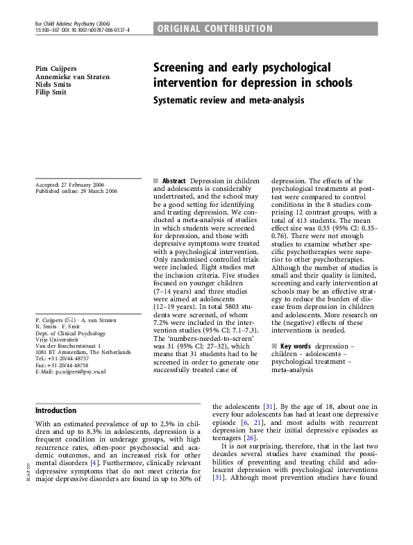 (PDF) Screening and early psychological intervention for depression in ...